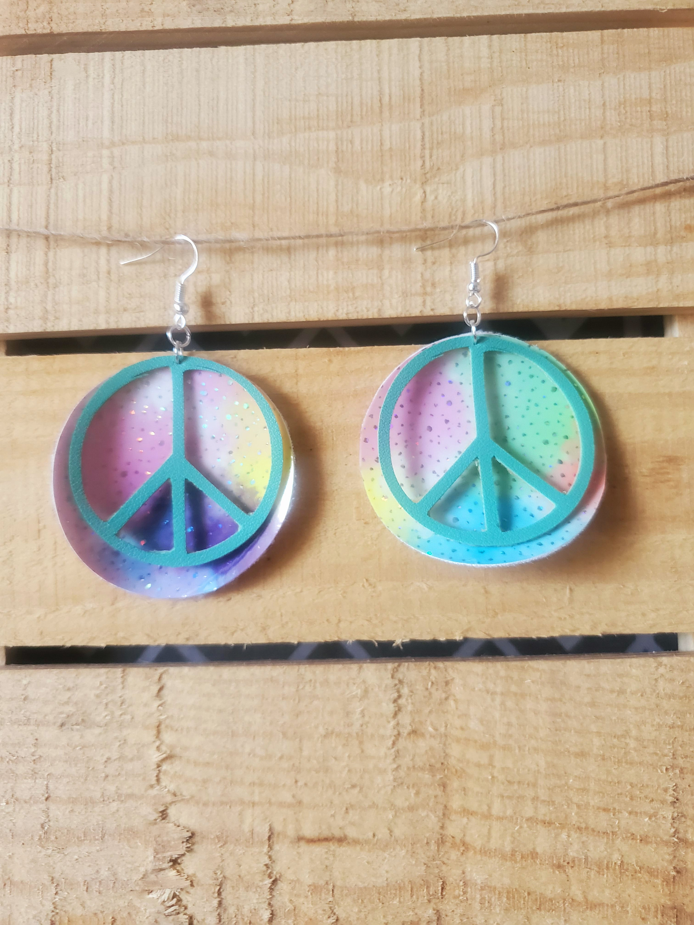 Peace Sign Leather Earrings, Rainbow Watercolor Circle Earrings, Dangle ...